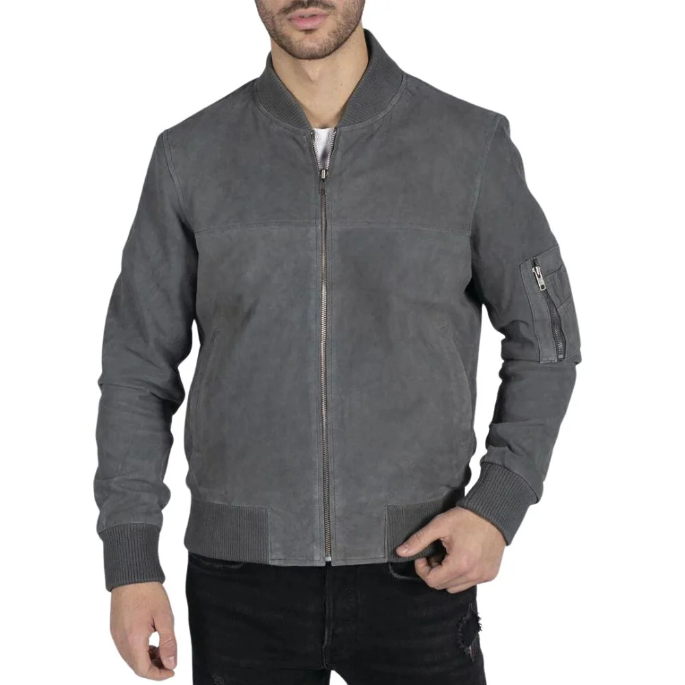 Mens Bomber Grey Suede Jacket | Grey Suede Bomber Jacket