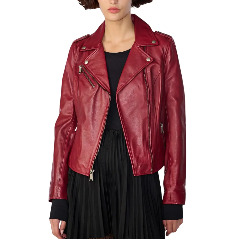 Asymmetrical Red Leather Motorcycle Jacket Womens | Order Now