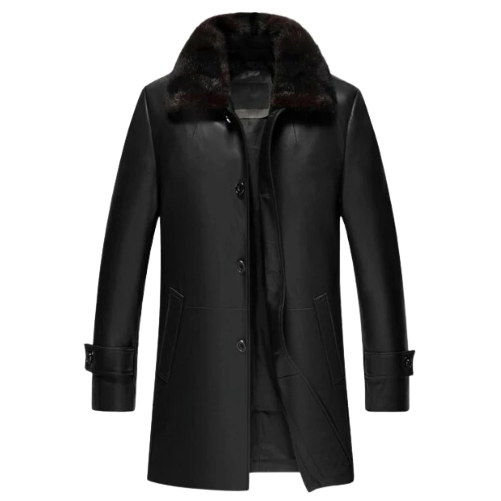 Mens 3/4 Length Black Leather Fur Coat | Trendsfort