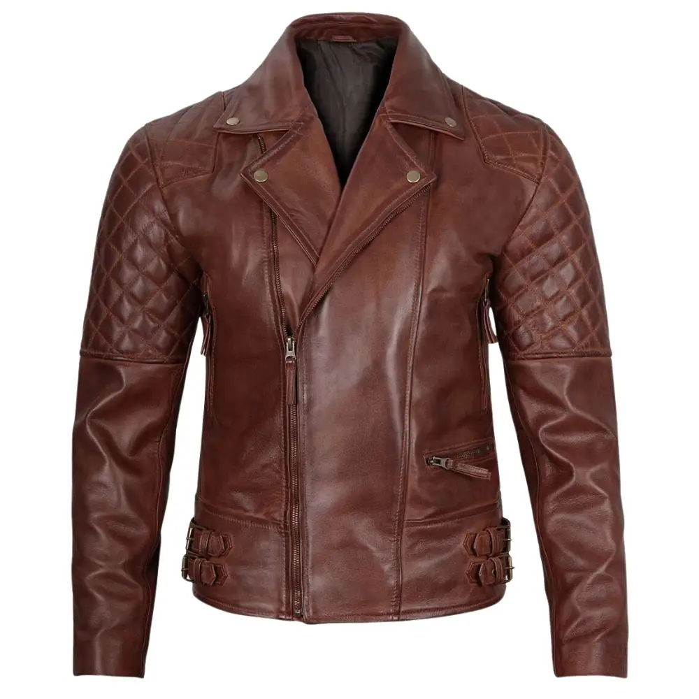 Buy Quilted Brown Leather Biker Jacket Mens | Trendsfort