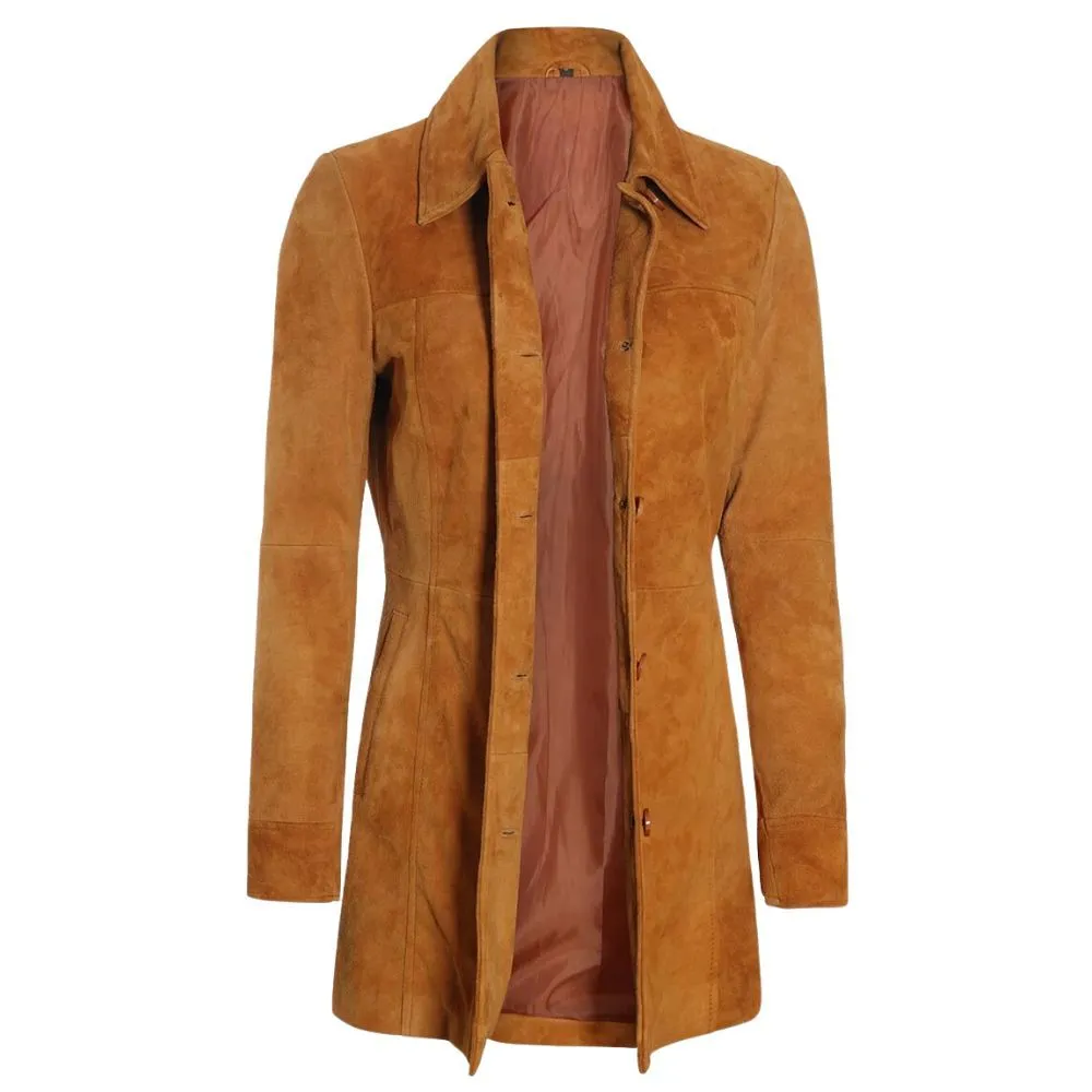 Women's Cognac Suede Leather Coat - Trendsfort