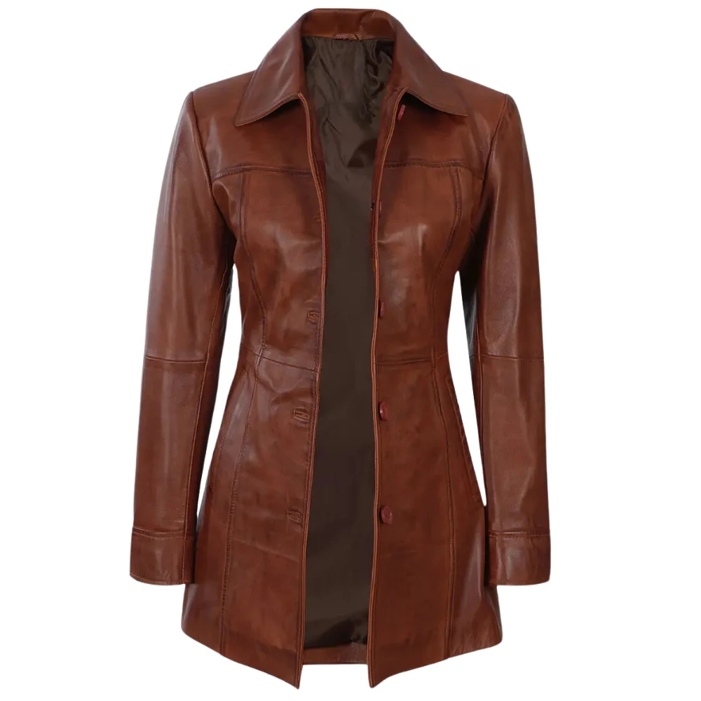 Women's 3/4 Length Leather Cognac Brown Coat | Shop Now
