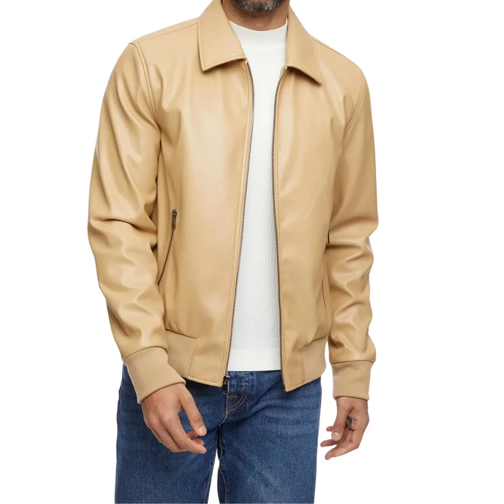 Biege Leather Jacket | Beige Leather Bomber Jacket